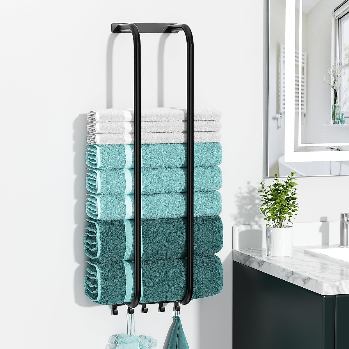 Towel Rack Bathroom Wall Holder: Black Shower Organizer Wall Mounted for Rolled Towel Storage 27.9 in