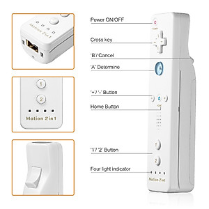 LORDONE Wii Remote Controller, Wireless Game Wii Remote with Motion Plus for Nintendo Wii and Wii U, with Silicone Case and Wrist Strap (2-Pack, White)