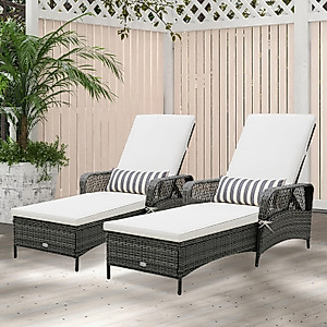 HAPPYGRILL 2PCS Patio Rattan Chaise Lounge, Outdoor PE Wicker Sun Lounger with Adjustable Backrest, Removable Cushion & Pillow, Reclining Chaise Lounge Sunbed for Balcony Poolside Yard