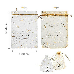 souG Organza Gifts Bags, 5x7 100Pcs Sheer Organza Drawstring Pouches Stars and Moon Wedding Party Favor Jewelry Candy Gift Bags (White and Gold).