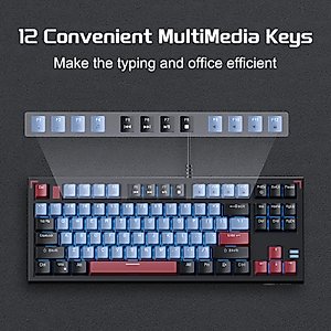 Compact 80 Percent Mechanical Gaming Keyboard, Wired tkl Mechanical Keyboard with Brown Switches, Ice Blue Backlit Keyboard 87 Keys for Windows Mac PC, Black Blue