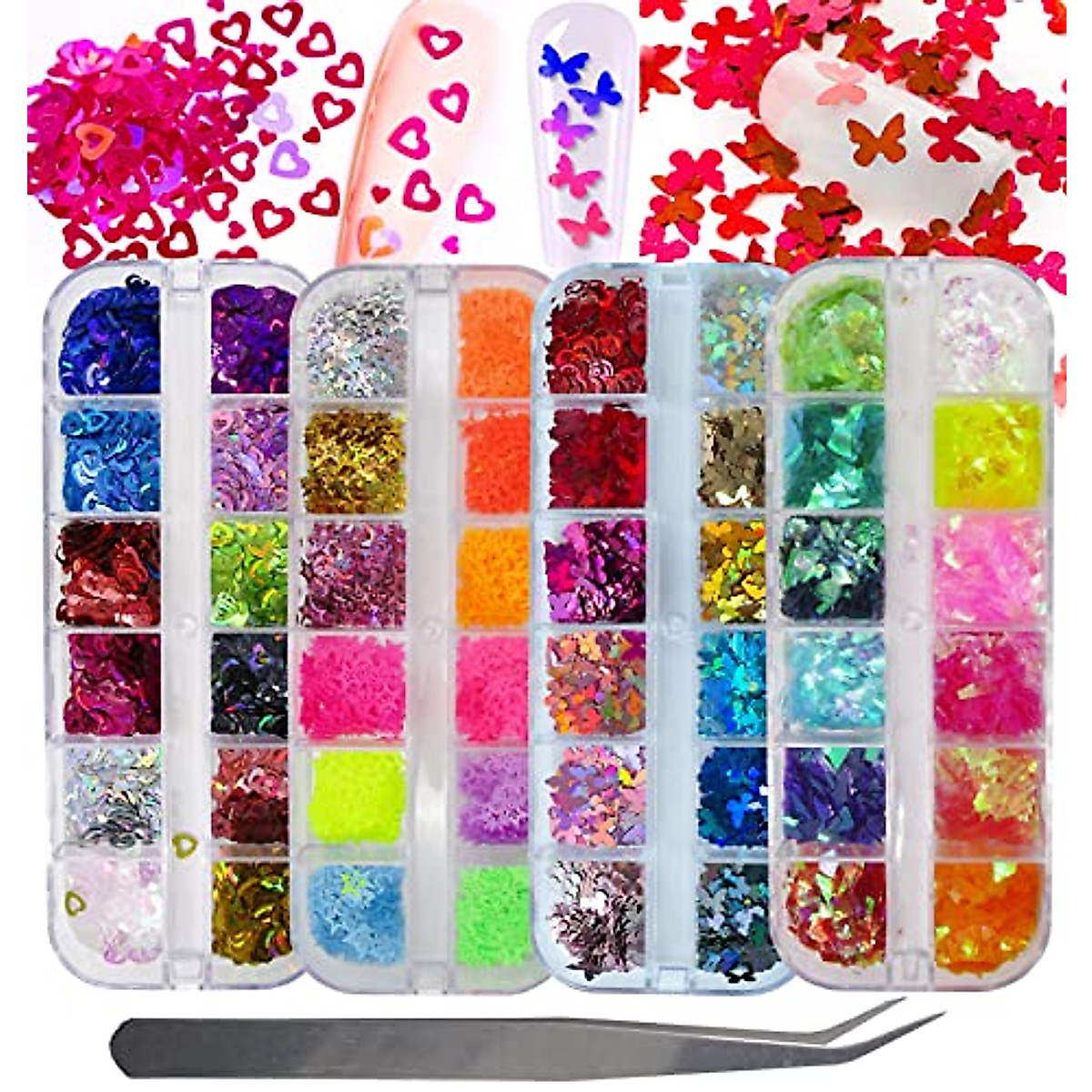 LoveOurHome Nail Glitters Sequins Set Mixed Shaped Holographic Heart Butterfly Neon Star Chunky Glitter Flakes Accessories Manicure Sticker Decorations for Makeup Crafts Resin Nails