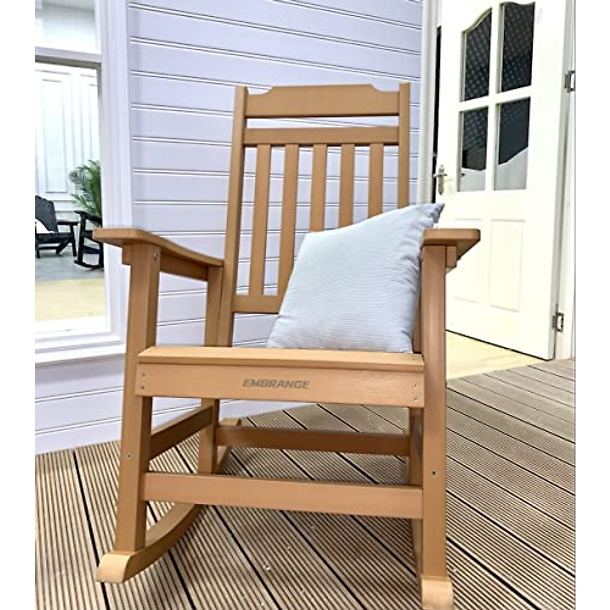 EMBRANGE Outdoor Rocking Chair with Tilting High Backrest, Weather Resistant, Fade-Resistant,Front Porch Rocker with 350 LBS Weight Capacity, Patio Rocking Chairs for Deck or Indoor, Teak