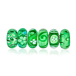 Bling Jewelry Mixed Set Of Bundle .925 Sterling Silver Core Translucent Shades Of Green Floral Murano Glass Swirl Charm Bead Spacer Fits European Bracelet For Women Teen