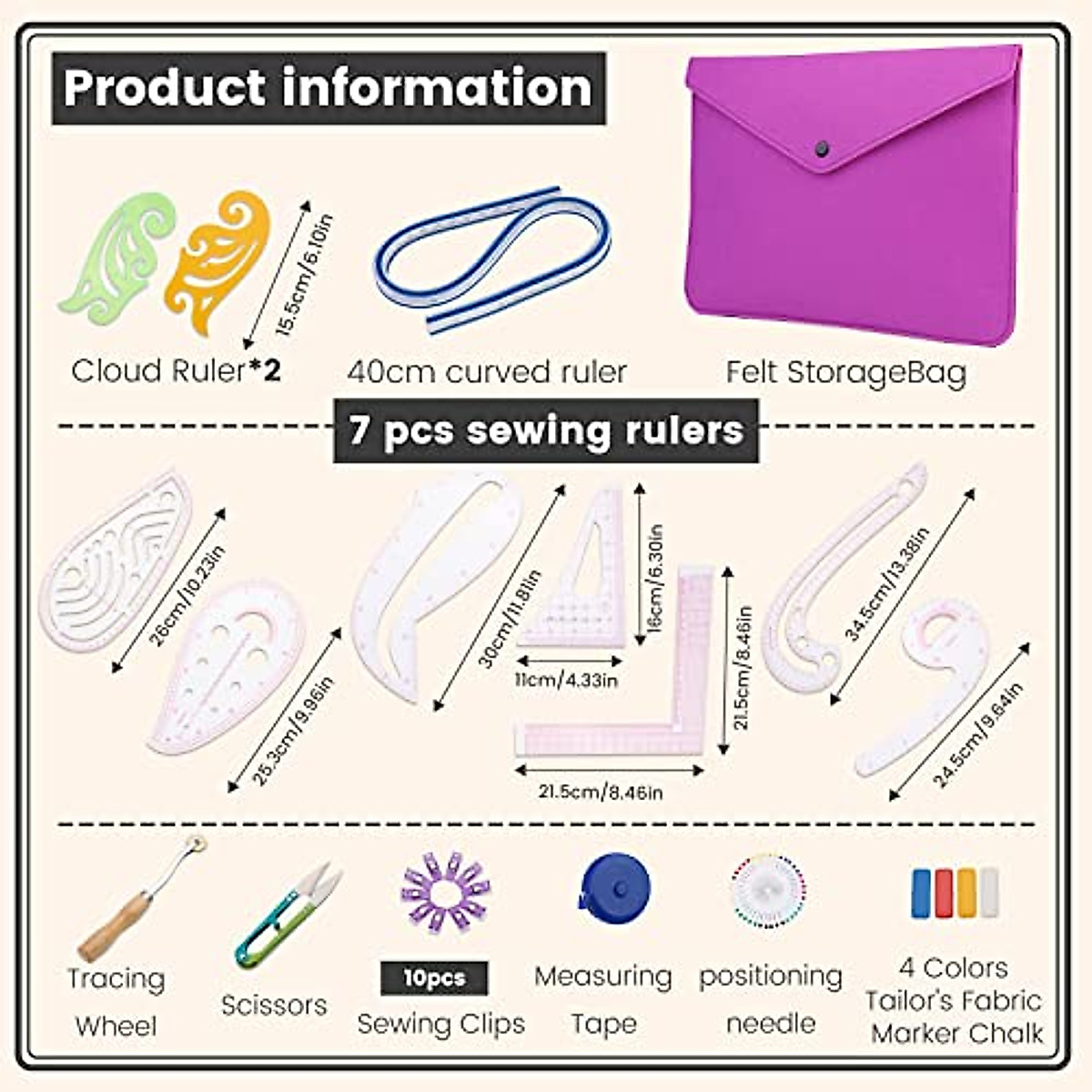 French Curve Ruler for Pattern Making Set,65 PCS Sewing Curve Ruler Kit with Felt Bag, 2 Cloud Ruler,7 Sewing Ruler,Sewing Clips,Tracing Wheel,Curved Ruler and Color Positioning Needle for Sewing