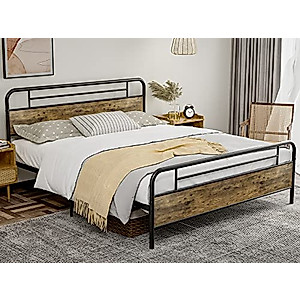 IKIFLY King Size Metal Platform Bed Frame with Wood Headboard Footboard, Heavy Duty Steel Slats, 12" Under Bed Storage, Mattress Foundation, No Box Spring Needed - King/Rustic Brown