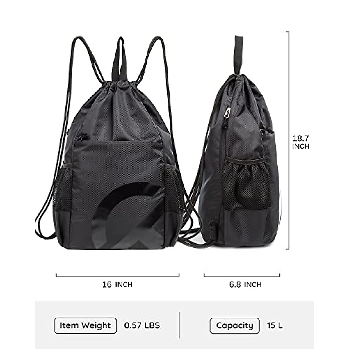 TRAILKICKER Drawstring Backpack Bag Basketball Football Volleyball Mesh Gym Sports String Drawstring Bag Waterproof for Men &Women with Smooth Zipper and Two Mesh Water Bottle Holder (Black)