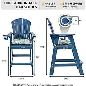 Sundale Outdoor Adirondack Bar Chairs Set of 2, Patio HDPE Bar Stools with Backrest, 30 Inch Seat Height Bistro Tall Dining Counter Barstools with Cushion, All-Weather Pub Height Chair, Navy Blue