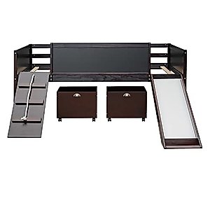 GINGVAT Twin Size Loft Bed with Two Storage Boxes, Wood Loft Bed with Climbing Frame, Slide and Guardrails，Multi-Functional，Espresso