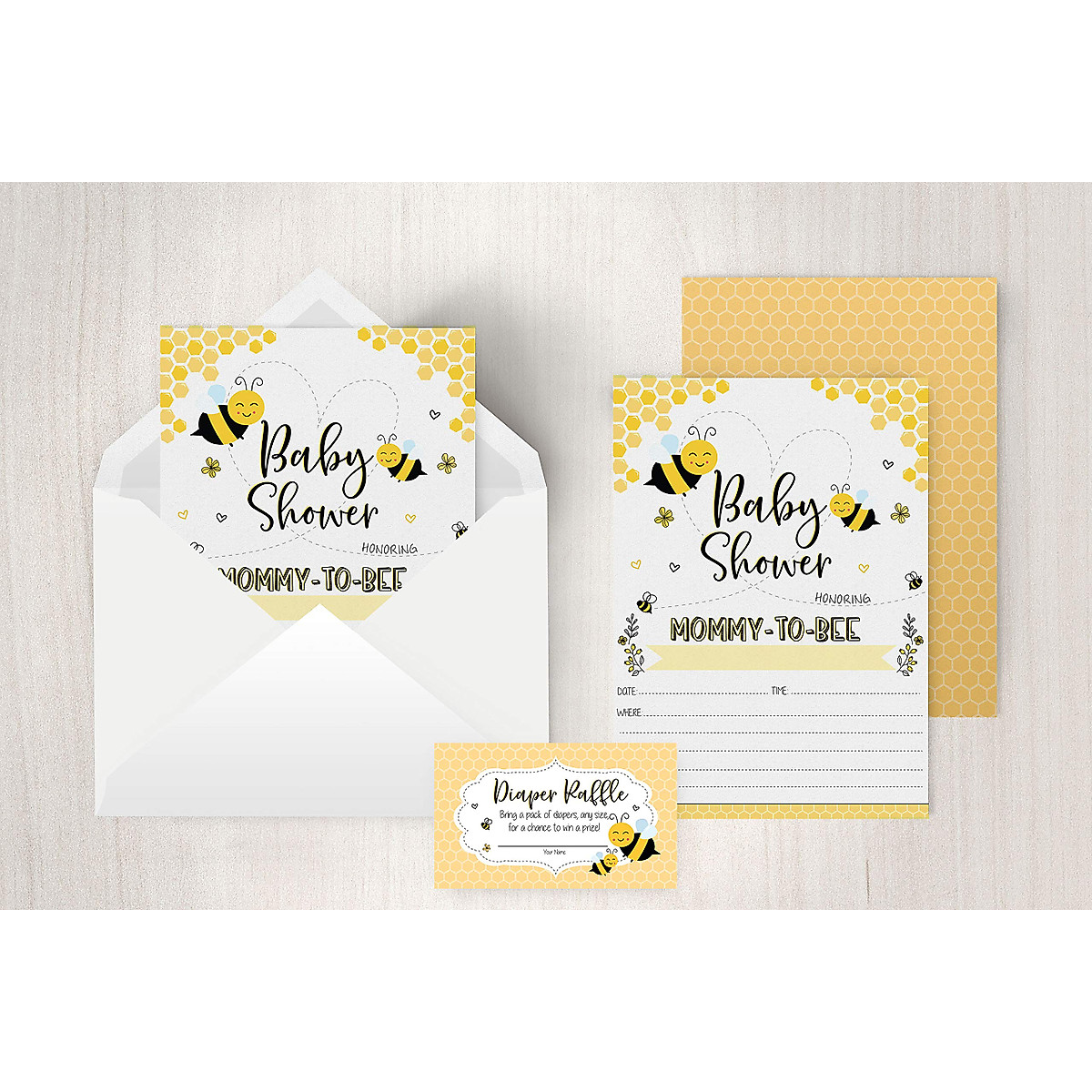 Your Main Event Prints Mom To Bee Baby Shower Invitations, Neutral Yellow Bee Baby Shower Invites with Diaper Raffles Cards, Sprinkle, 20 Invites Including Envelopes