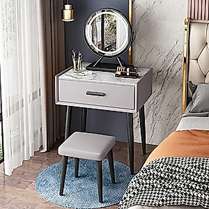 Modern Vanity Desk Set with LED Lighted Mirror, Makeup Vanity 3 Color Lighting Modes and Mirror 360° Rotation, Rock Slab Countertop Waterproof - Easy to Clean ( Color : Grey , Size : 50x40x75cm )