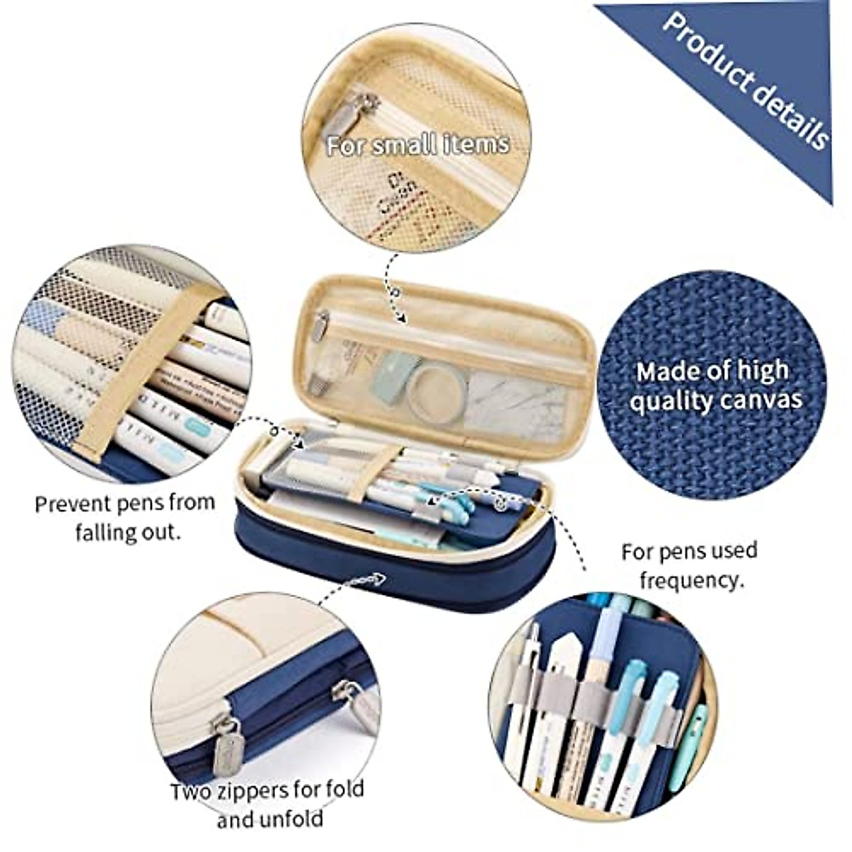 Eaarliyam Pencil Case,Expandable Pencil Case, Large Capacity Pencil Cases Pen Bag Pouch Holder School Stationery Organizer Makeup Cosmetic Bag,Navy+Beige Aesthetic Pencil Case