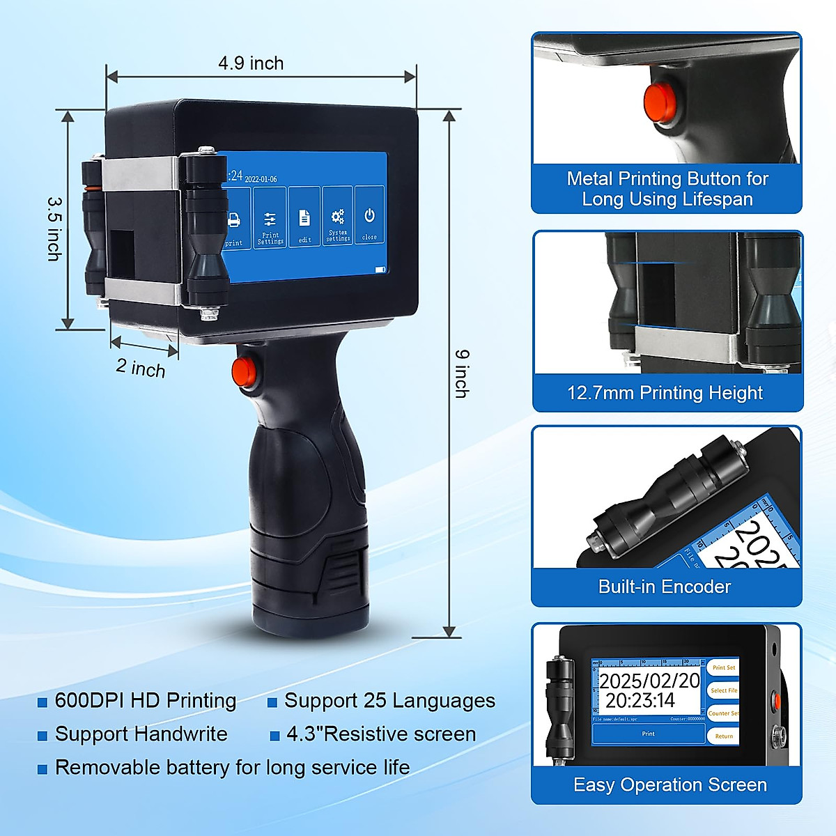 PEKOKO LB100S Portable Hand Jet Handheld TIJ Thermal Inkjet Printer 12.7mm Online QR Bar Batch Date Number Coding Machine for Carton Box,Food Package,Drink Bottle