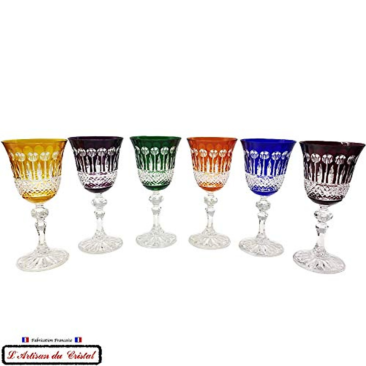 6 Red/White Wine Water Crystal Glasses - 6 Colors Assortments - Roemer Service Diamant (22cl) - Klein House - Company : Artisan du Cristal - Gift Set - Stamped : Klein 54120 Baccarat France