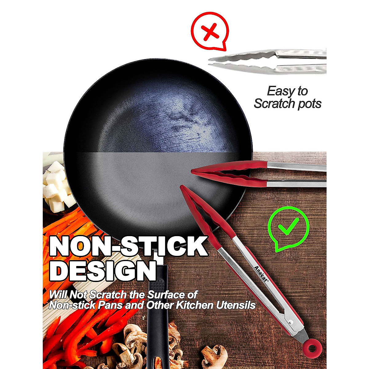 Anaeat Non-Stick Silicone Locking Tong Set of 3 - Stainless Steel 7", 9" and 12" Kitchen Food Tongs with Non-Slip Silicone Tips and Grip for Cooking, Baking and BBQ - Heat Resistant up to 480°F