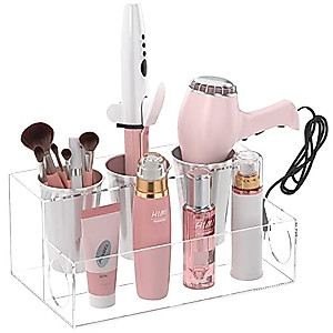 HIIMIEI Hair Tools Organizer Clear Acrylic Hair Dryer Holder Countertop Blow Dryer Stand Storage for Vanity Bathroom with 3 Cups