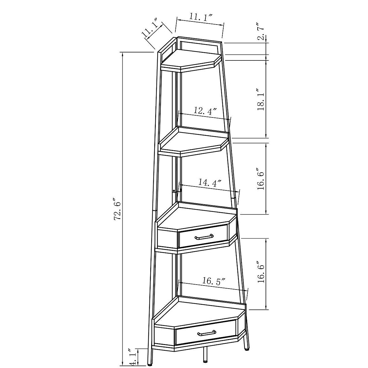 ELzEy Corner Shelf with Two Drawers Tall 4-Tier Industrial Bookcase Black