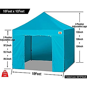ABCCANOPY Heavy Duty Ez Pop up Canopy Tent with Sidewalls 10x10, Turquoise