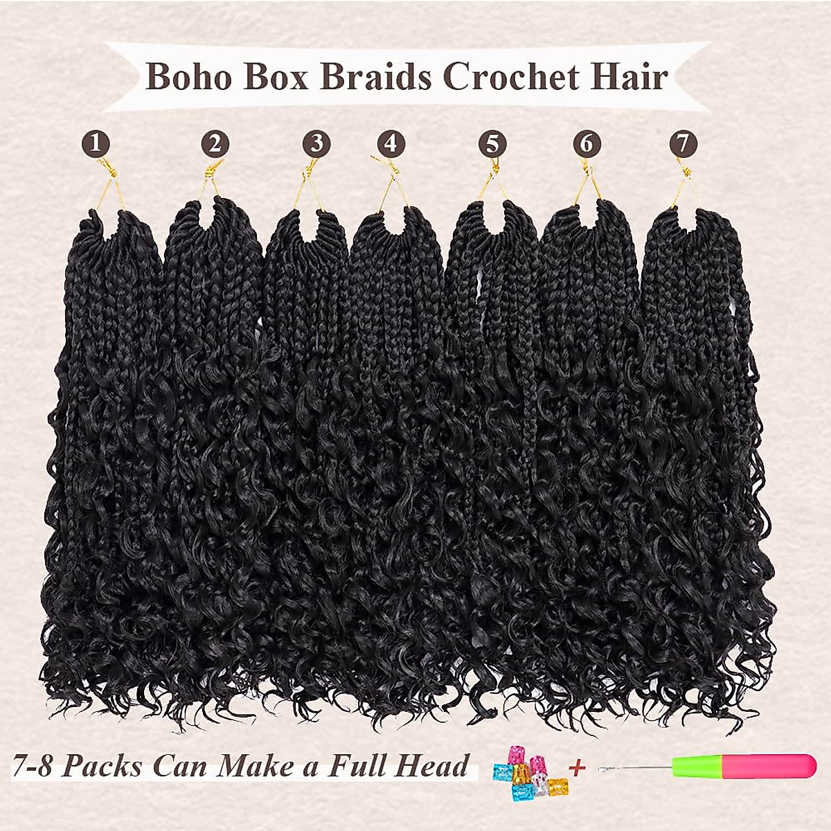 Goddess Box Braids Crochet Hair 10 Inch Bohemian Box Braids Crochet Hair with Curly Ends Boho 3X Synthetic Crochet Braiding Hair for Women (7 pack, 1b#)
