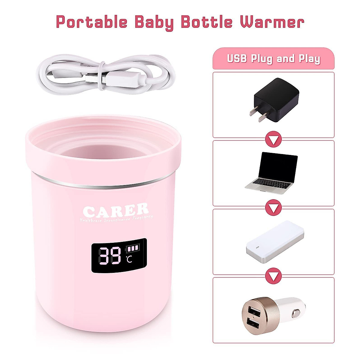 Bottle Warmer Portable Baby Milk Warmer with LCD Milk Fast Heater Breastmilk Warmer Rechargeable Baby Milk Instant Warmer for Night Feeding Travel Car Baby Brew Bottle Warmer Milk Heating Keeper