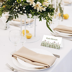 JarThenaAMCS 100Pcs Vintage Wildflower Place Cards 2 x 3.5 Inch Green Wild Floral Tented Cards Blank Table Name Sign for Party Reception Table Setting