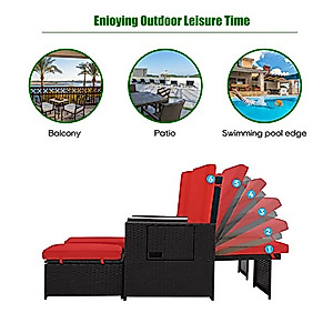 B BAIJIAWEI 5pcs Patio Wicker Loveseat - Outdoor Rattan Sofa Set with Cushion - Adjustable Lounge Chair with Ottoman Footrest, Wicker Furniture for Garden, Patio, Balcony, Beach, Coffee Bar, Deck