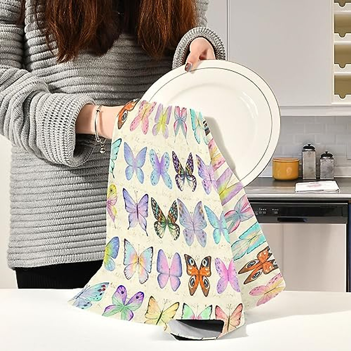 FUGIDOG Kitchen Dish Towels Set of 6, Butterfly Light Beige Ultra Soft Absorbent Kitchen Towels Tea Towels Hand Towels Quick Drying Reusable Cleaning Cloths, 18 x 28 inch