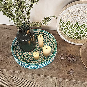 Mother of Pearl Inlay Round Serving Tray | Coffee Table Wooden Tray w Insert Handles - Luxury Decorative Platters for Party, Dinner, Breakfast in Bed - by MadeTerra (Round-Teal)