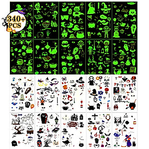 Temporary Tattoos for Kids, Glow Halloween Decorations Birthday Party Favors Supplies, Halloween Fake Tattoos Goodie Bag Fillers Games Accessories for Party