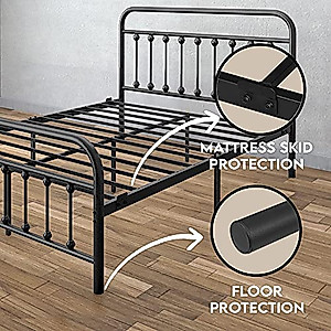 AMBEE21 Vintage Queen Metal Bed Frame with Headboard and Footboard Platform / Wrought Iron / Heavy Duty/ Solid Metal Slat / Textured Black / No Box Spring Needed/ Industrial & Farmhouse