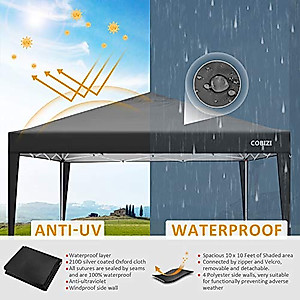 COBIZI 10'x10' Outdoor Canopy Tent, Beach Pop Up Canopy and Portable Gazebo Party Commercial Instant Shelter Tent Waterproof Canopies with 4 Sidewalls & Carrying Bag,Black
