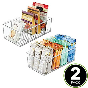 mDesign Plastic Divided Bin Storage Containers - Perfect for Fridge, Cabinet, Pantry, and Home Organization - Clear Plastic Organizer Bins - Refrigerator Organizers - Ligne Collection - 2 Pack, Clear