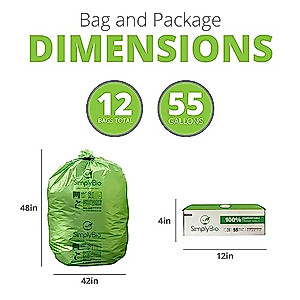 Simply Bio 55 Gallon Compostable Trash Bag with Flat Top, Heavy Duty Extra Thick 1.57 Mil, 12 Count, 208.2 Liter, Large Lawn Yard Waste Bag, ASTM D6400, US BPI and Europe OK Compost Certified