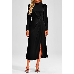 PRETTYGARDEN Women's 2023 Fall Satin Dress Long Sleeve Mock Neck Ruched Side Slit Elegant Silk Cocktail Party Maxi Dresses (Black,Large)