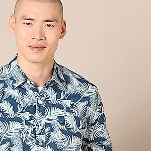 Amazon Essentials Slim-Fit Men's Short Sleeve Button Down Shirt, Aqua Blue Navy Palm Leaf Design, XX-Large