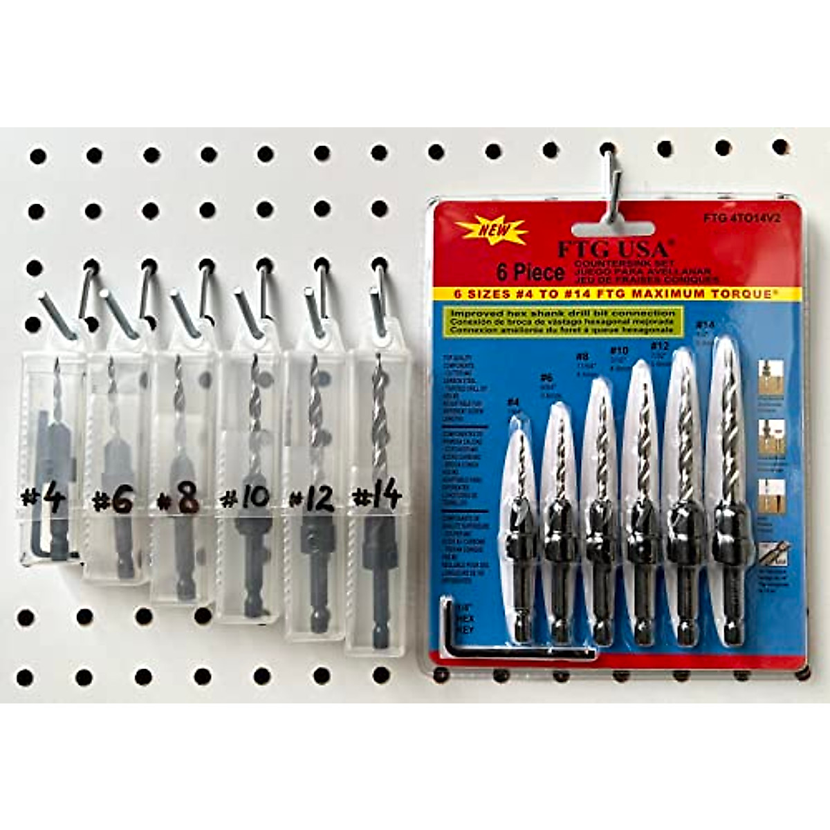 FTG USA Wood Countersink Drill Bit Set 6 Sizes #4 to #14 Set Countersink HSS M2 Tapered Drill Bits, Quick Change 1/4" Hex Shank Countersink bit, with 6 Storage Containers, 1 Allen Wrench