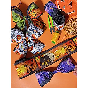 4 Rolls 2.5 Inches Halloween Wired Ribbons for Craft-20 Yards Orange Black Purple Halloween Ribbon,Pumpkin Spiders Castles Cobwebs Bats Witches Printed Ribbon for Wreath Decor Bow Making Home Decor