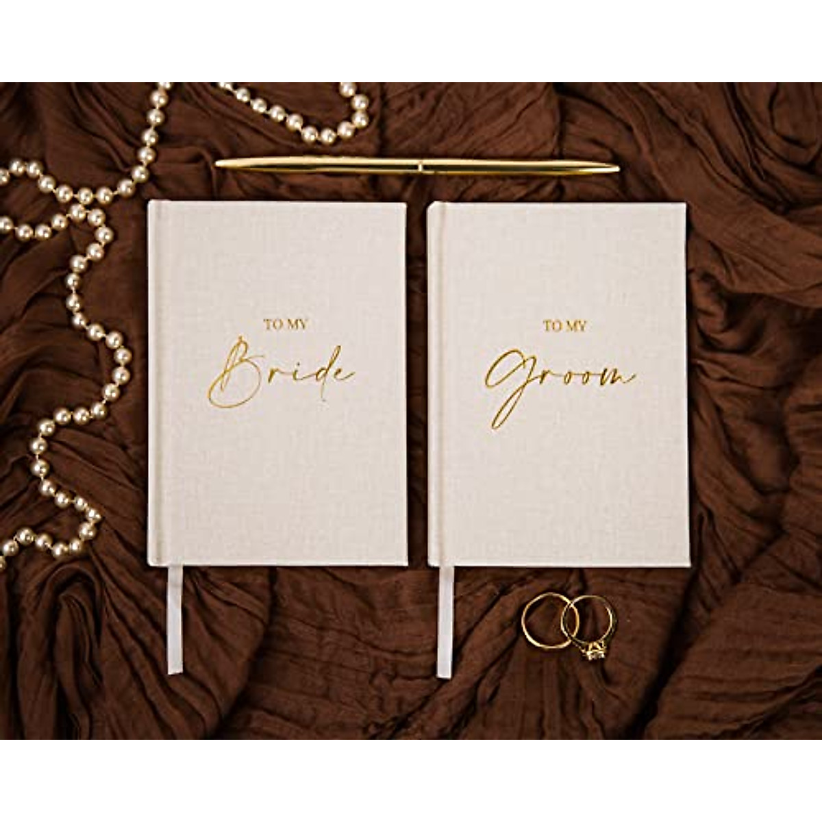 MUUJEE to My Groom and to My Bride Vow Books (Set of 2) - Ivory Canvas Linen Gold Foil Embossed Vows Book Journal for Wedding Ceremony Vow Renewal Valentines Day Gift for Husband Wife