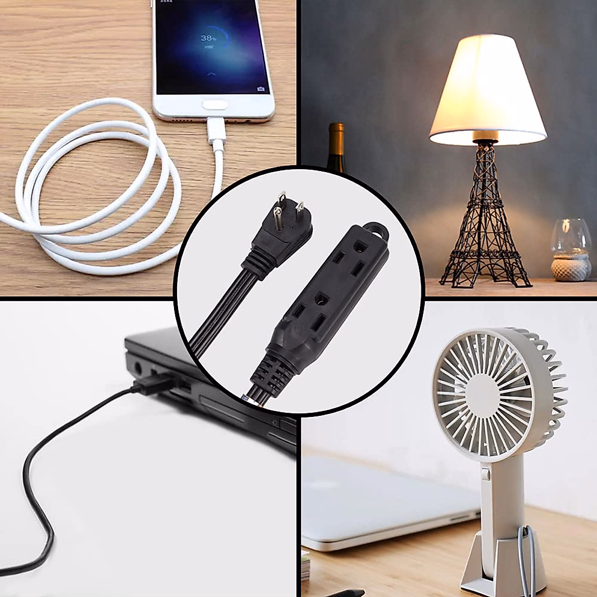 EP 9 Ft 3 Outlet Extension Cord with Flat Plug, 3 Prong Grounded, 16/3 SPT-3 Power Cable for Indoor Use, Black, 2 Pack