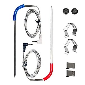 2 Pack Replacement Meat Probe for Traeger Pellet Grill Smokers Parts, 3.5mm Plug Probe Replacement Temperature Meat Probe with 2 Stainless Steel Probe Clip Holders, 2 Gormmets and 2 Numbered Tags
