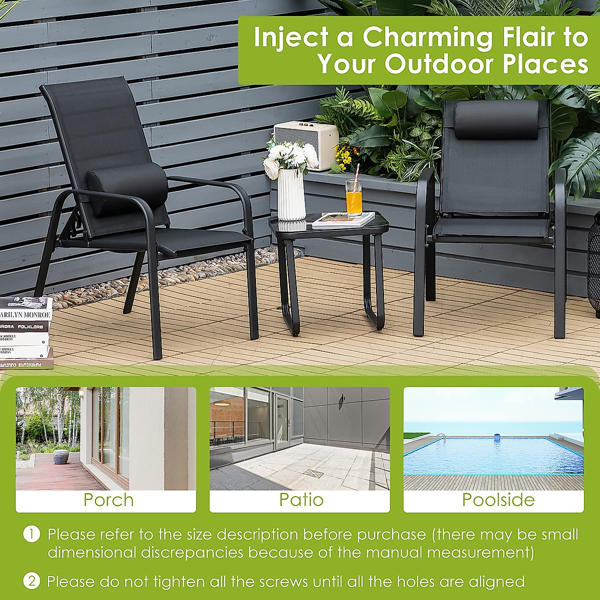 Giantex 3 Pieces Patio Bistro Set, Patio Dining Set for 2, Stackable Patio Chairs with Adjustable Backrest Headrest, Tempered Glass Coffee Table, Outdoor Porch Yard Garden Furniture (Black)