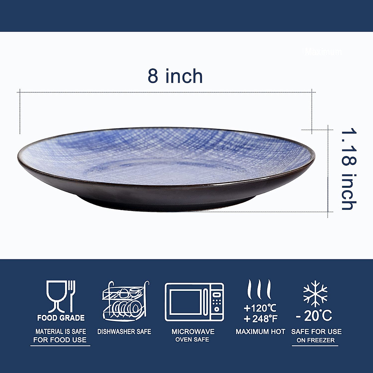 Houlu 8 Inch Salad Plates, Luncheon Plates Set of 6, Blue and White Porcelain Plates