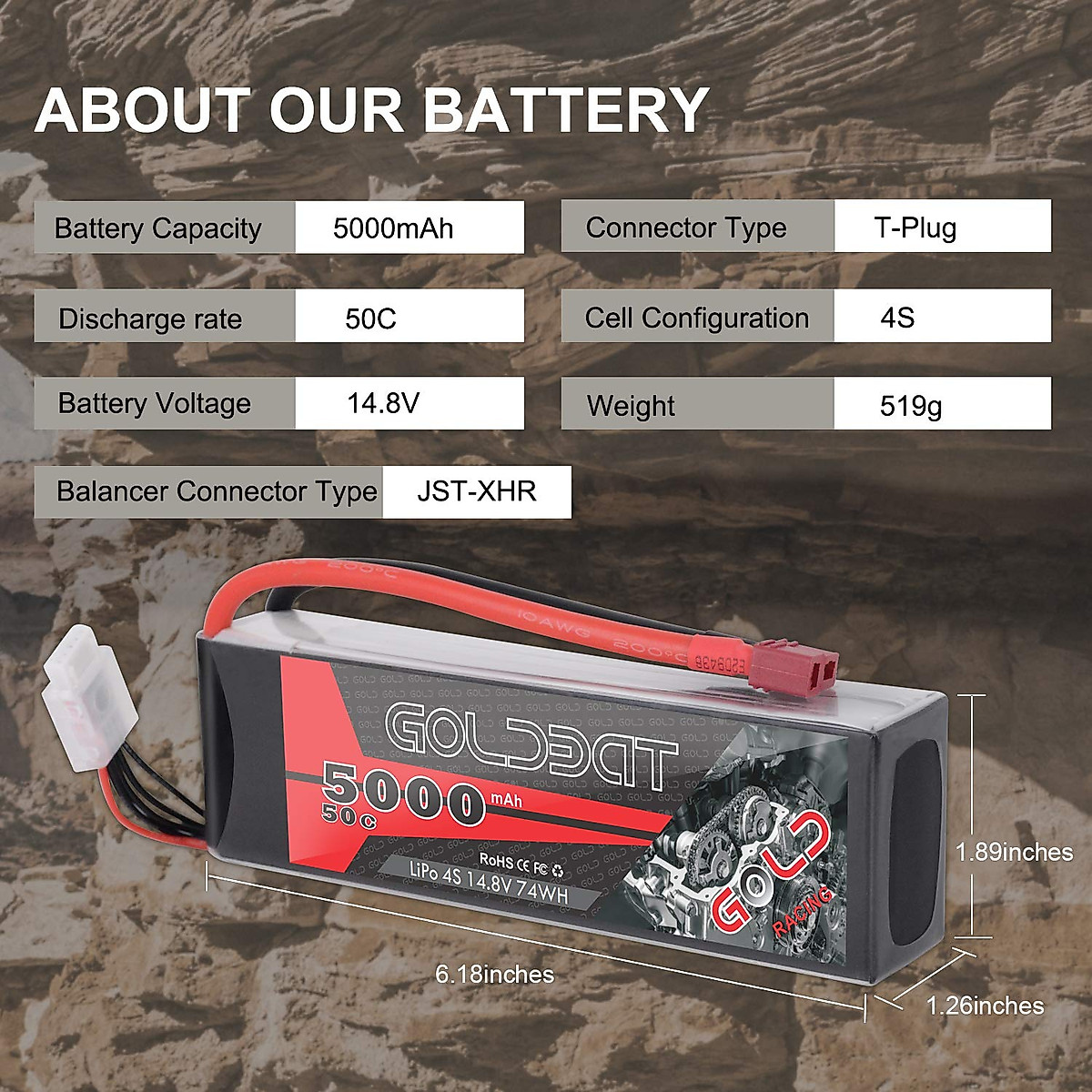 GOLDBAT 4S 5000mAh 14.8V 50C LiPo RC Battery with Deans Plug and Tracxas Connector Softcase for RC Evader BX Car RC Truck RC Truggy RC Heli Airplane Drone FPV Racing