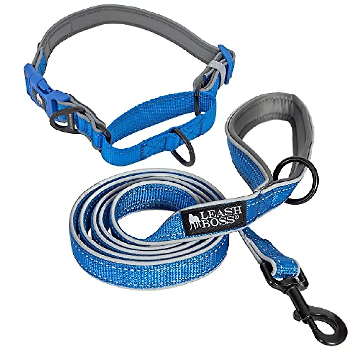 Leashboss Reflective Martingale Collar and 6 Ft Leash with Padded Handle, Medium Collar 14.5-17" Neck, Blue