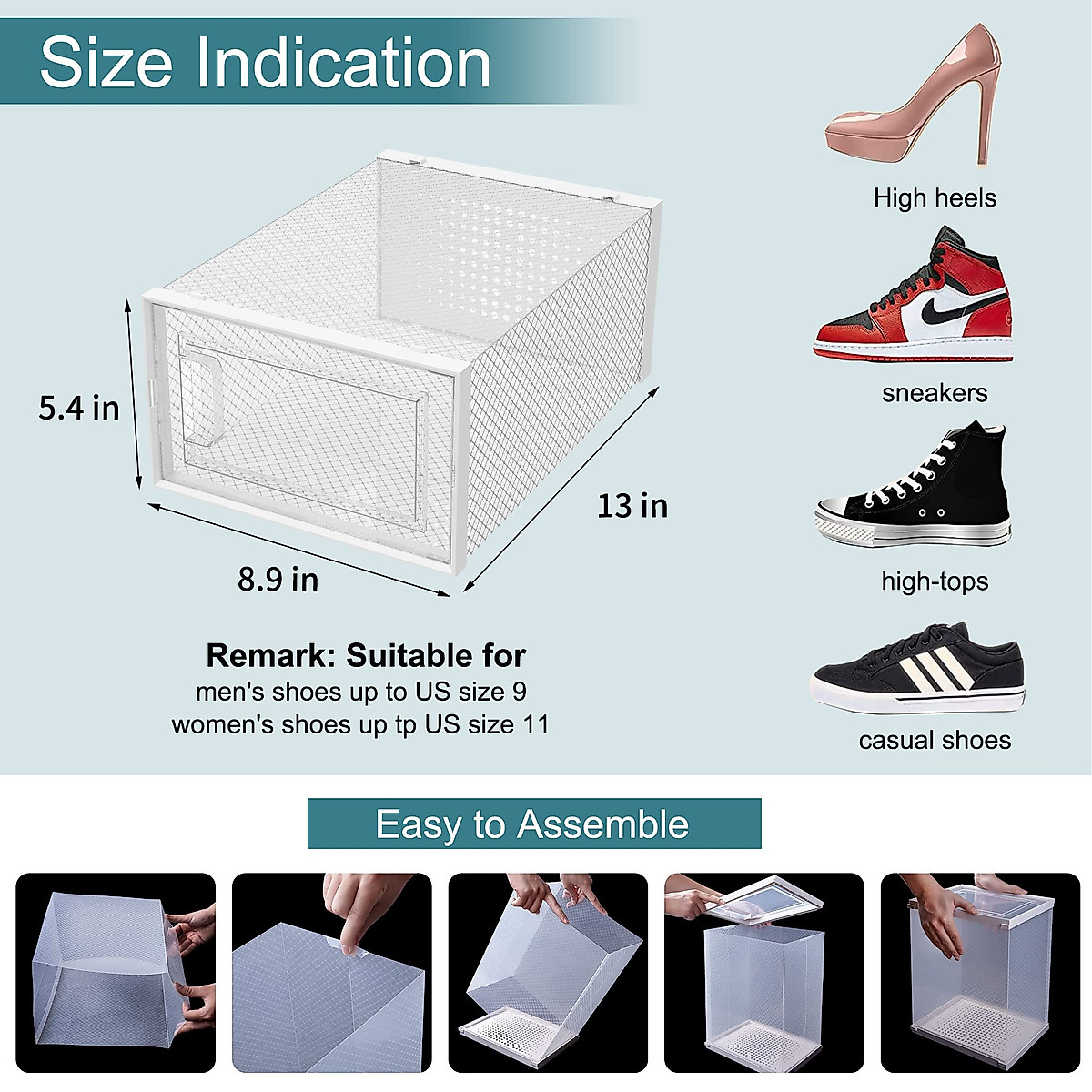 WAYTRIM Clear Shoe Storage Box, Stackable Shoe Organizer Plastic Shoe Container with Lids Foldable Sneaker Storage Boxes Saving Space Shoe Organizer for Closet Fit to Women Size 10, White
