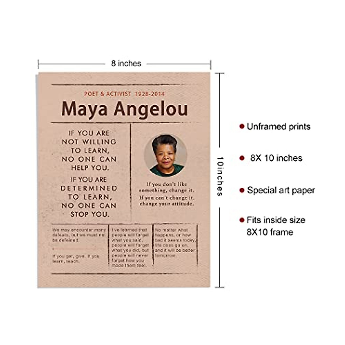 Motivational Poster Wall Art - Office Wall Art & Decor - Positive Quotes Wall Decor - Encouragement Gifts - Positive Sayings for Wall Decor - Inspirational Wall Art Maya Angelou Quote, 8x10" Unframed