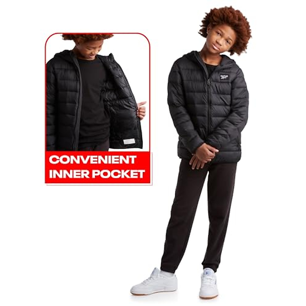 Reebok Boys’ Jacket – Water Resistant Midweight Quilted Puffer Coat – Insulated Outerwear Down Coat for Boys (4-20), Size 5-6, Black
