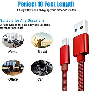 2 Pack 10Feet USB Type C Fast Charging Charger Cable Compatible with Nintendo Switch/Switch Lite, Xbox Series S/Series X Controller PS5 Controller Playstation 5 Charger USB Cable (Black+RED)
