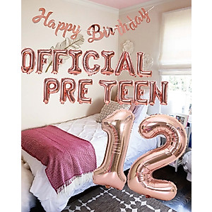 12th Birthday Decorations for Girls, Official Pre-Teen 12th Birthday Balloon Happy 12th Birthday Banner Number 12 Foil Balloons for 12 Years Old Birthday Anniversary Supplies Girls(Rose gold)