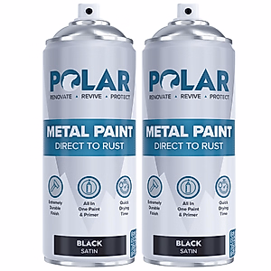 Polar Satin Black Direct to Rust Spray Paint - 2 x 13.5fl oz - Protect and Stop Rust & Corrosion - Primer, Undercoat, Topcoat - Quick Dry Formula - Ideal for Metal, Wood, Plastic and Ceramic Surfaces